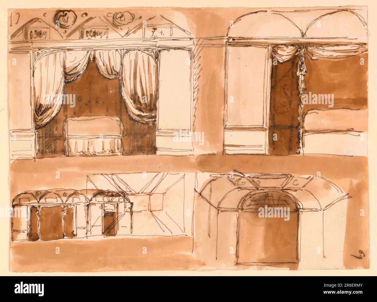Top row, left: the elevation of the wall with the alcove. Curtains fill ...
