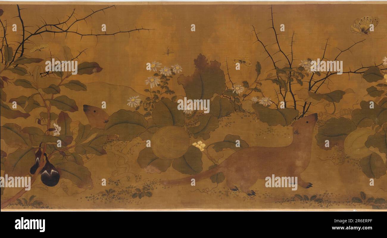 Garden scene: melons, egg-plants, flowers, and two weasels. Origin ...