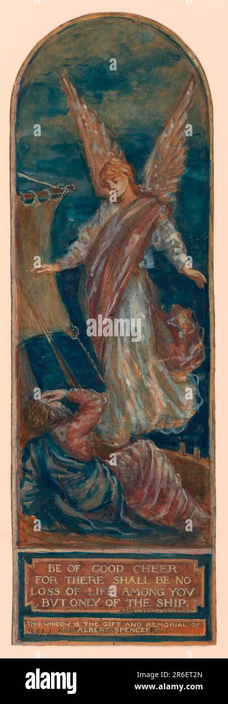 A long panel with arched top. St. Paul lies on the deck of a ship; an ...