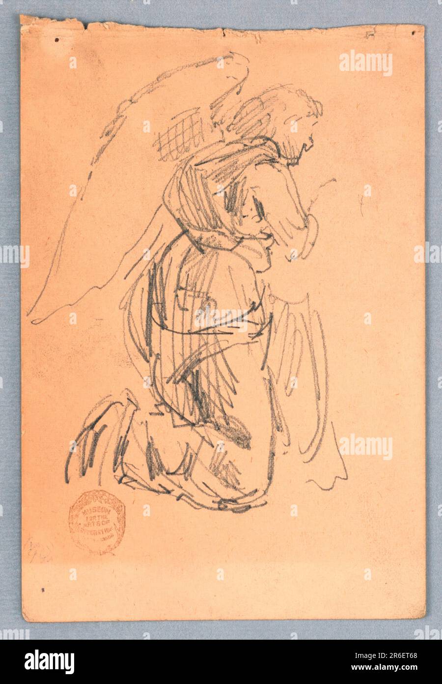 Angelic figure shown from the right back, turned toward right. The head ...