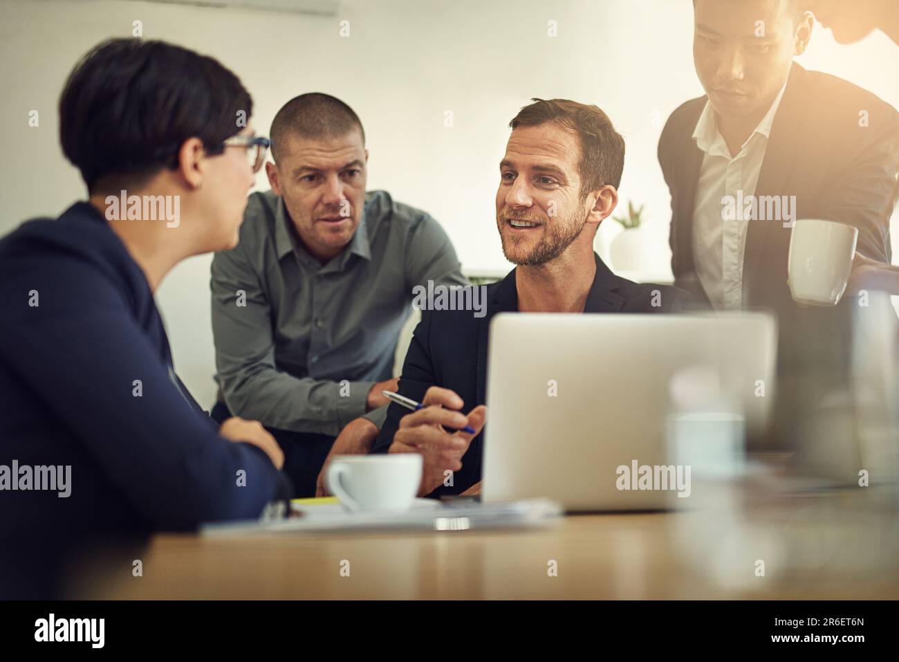 Business meeting, laptop and happy people, manager or group discussion ...