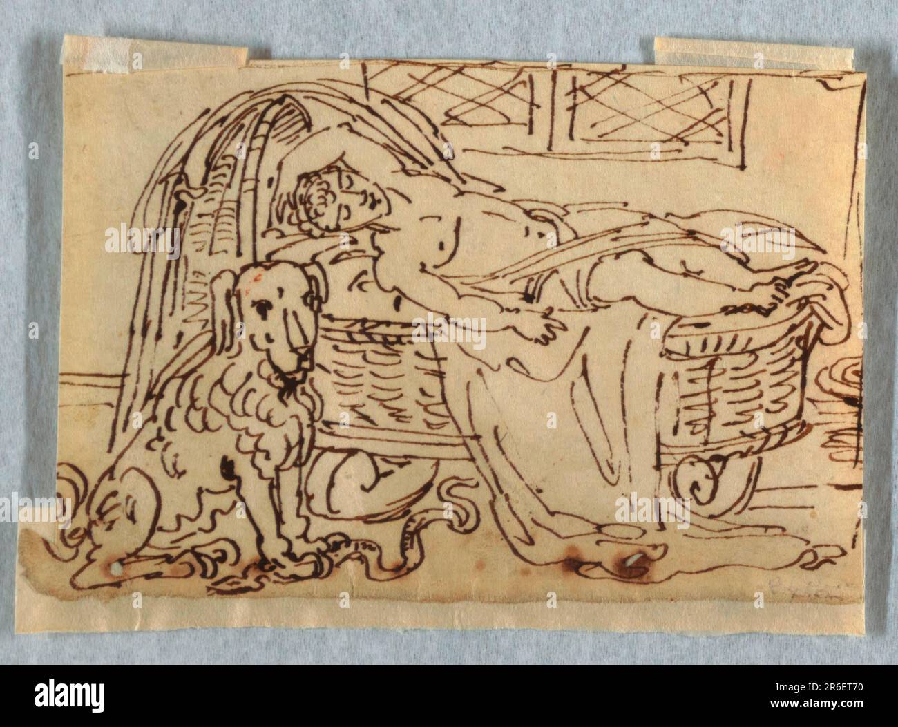 A boy sleeps in a cradle. A dog sits before it with paws upon a snake ...