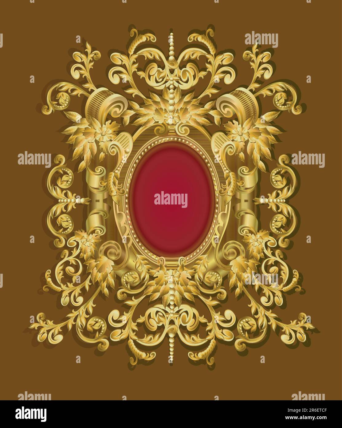 Elegant old fashioned oval frame with golden branches, leaves and ...