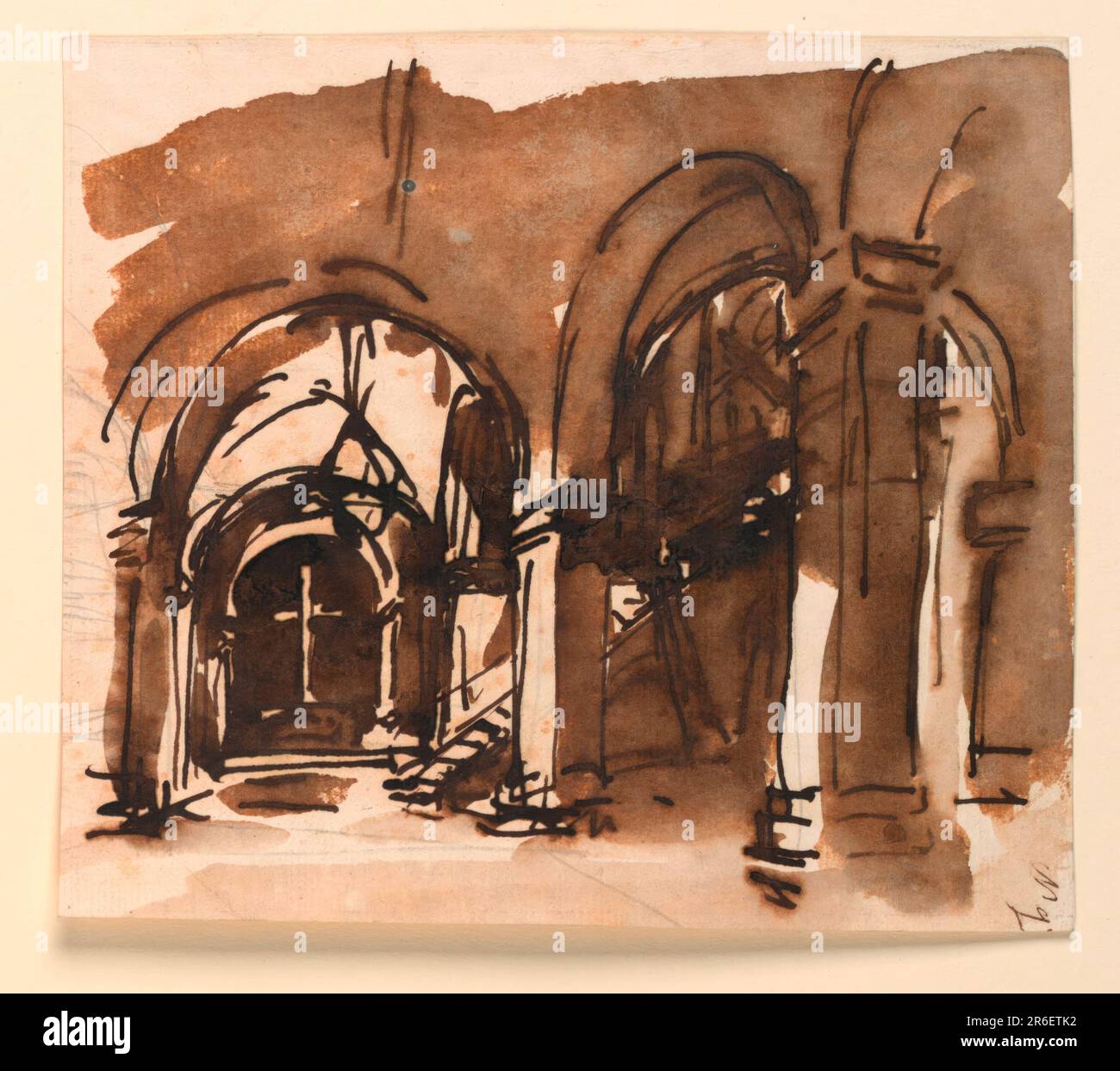 View into crypt-like building, stairs entering from the back. Date ...