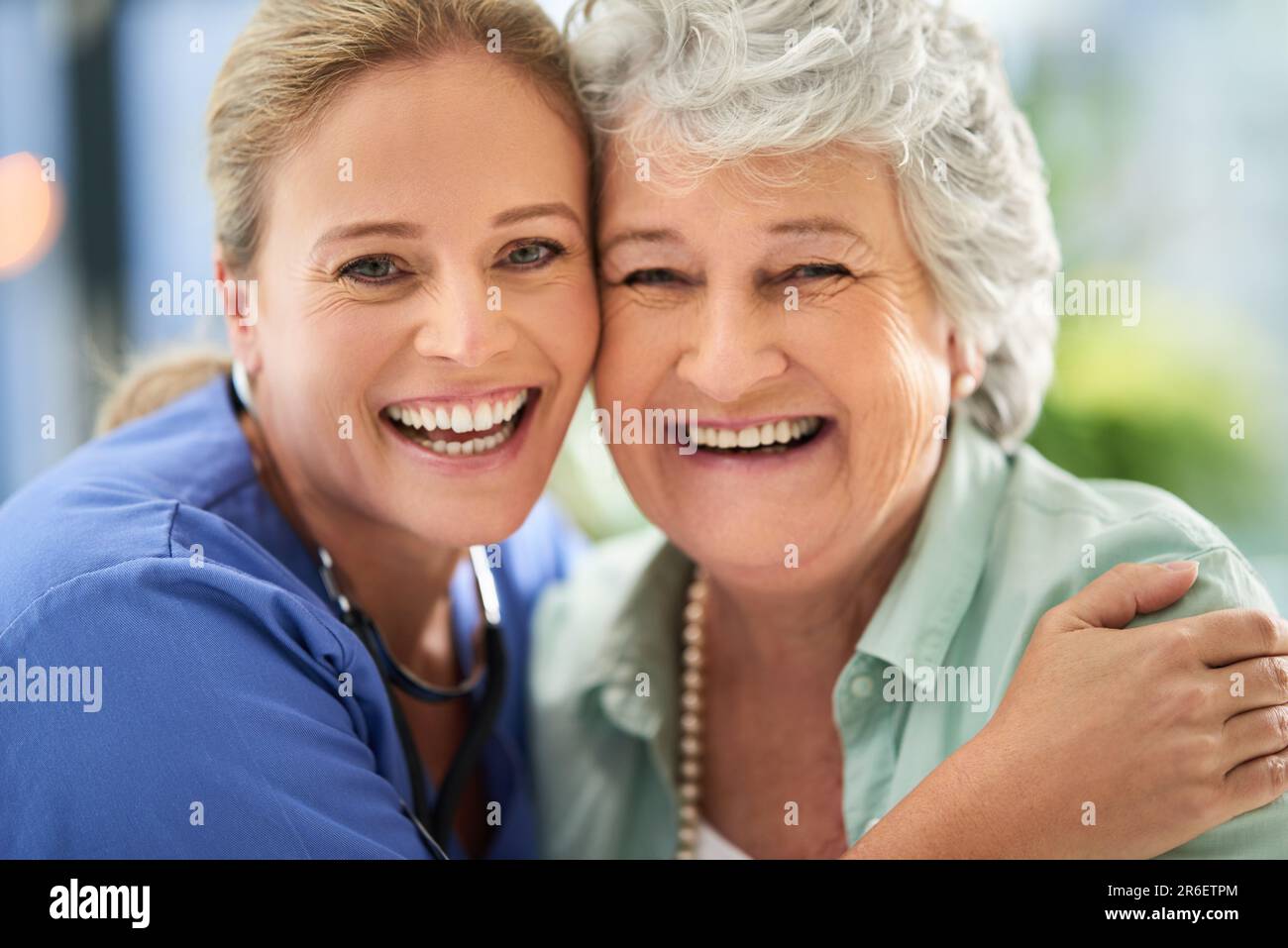 Nurse, senior woman portrait and hug of caregiver and happy smile with ...