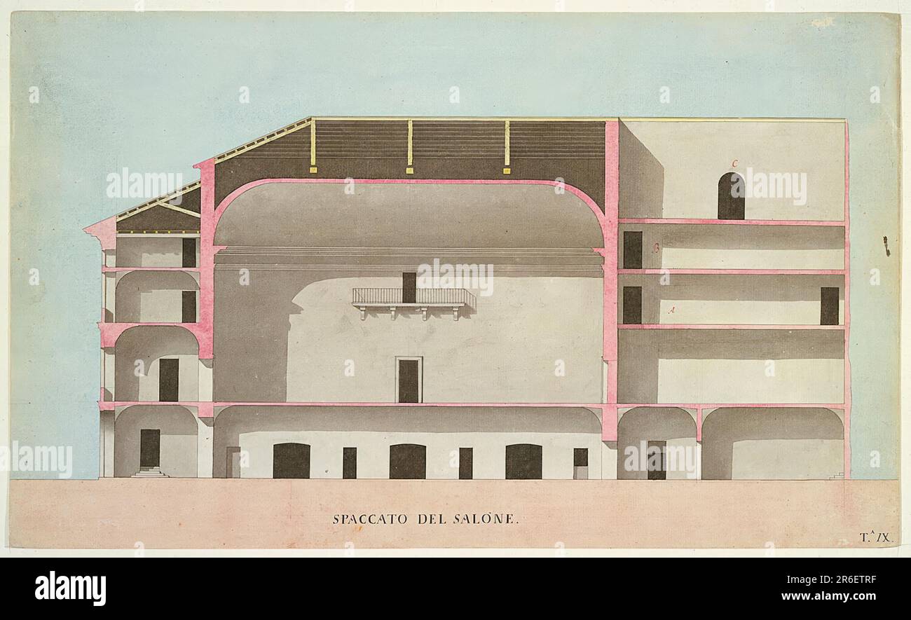 Longitudinal cross-section of the theater in shades of pink (showing ...