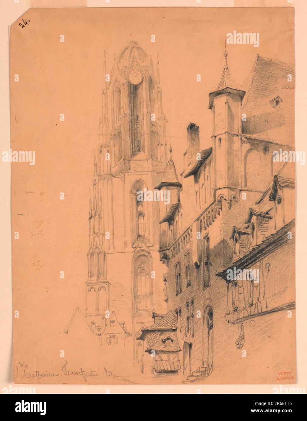 View of the steeple. Medieval houses are in the right foreground ...