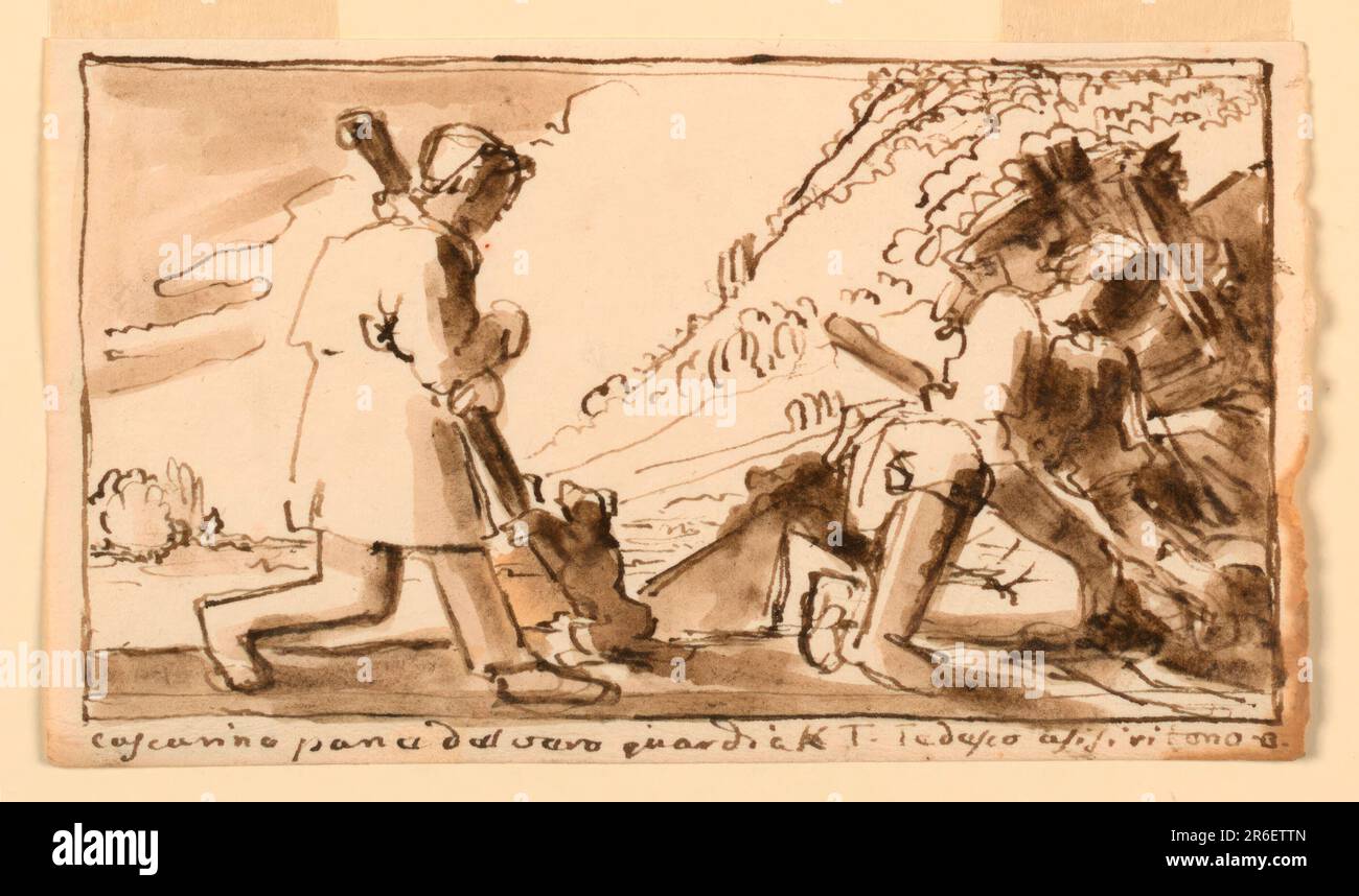 Solders or workers in landscape. Pen and ink, brush and sepia wash on ...