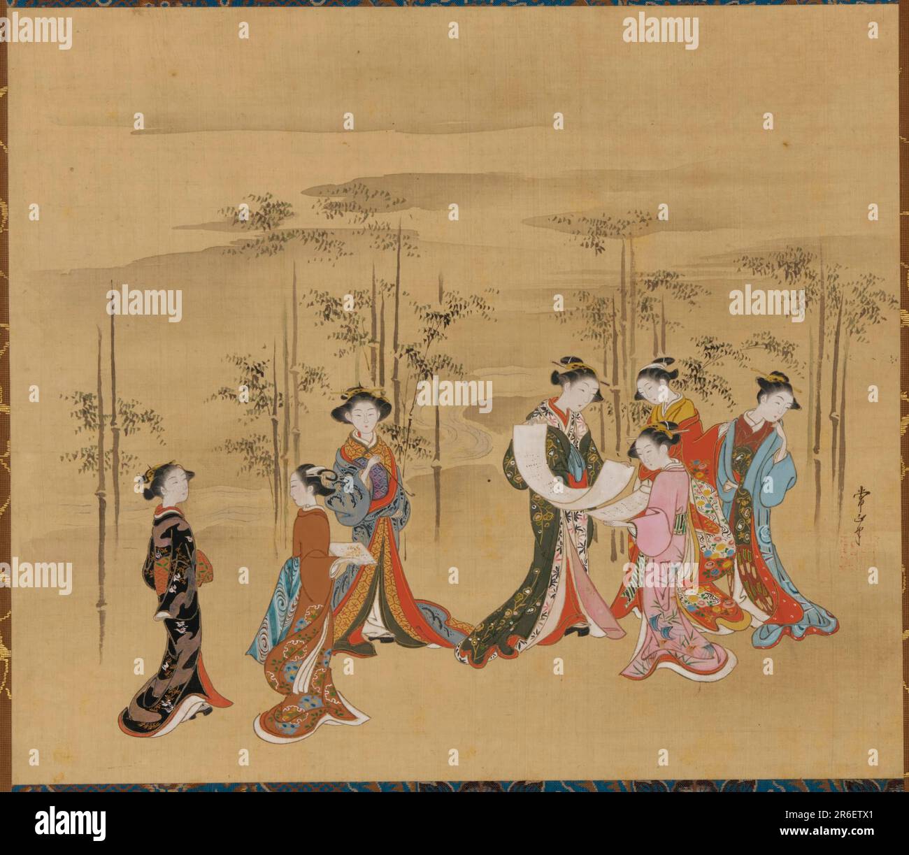 Seven young women in a bamboo grove. Color and black. Signature and seal. Date: 18th century ...
