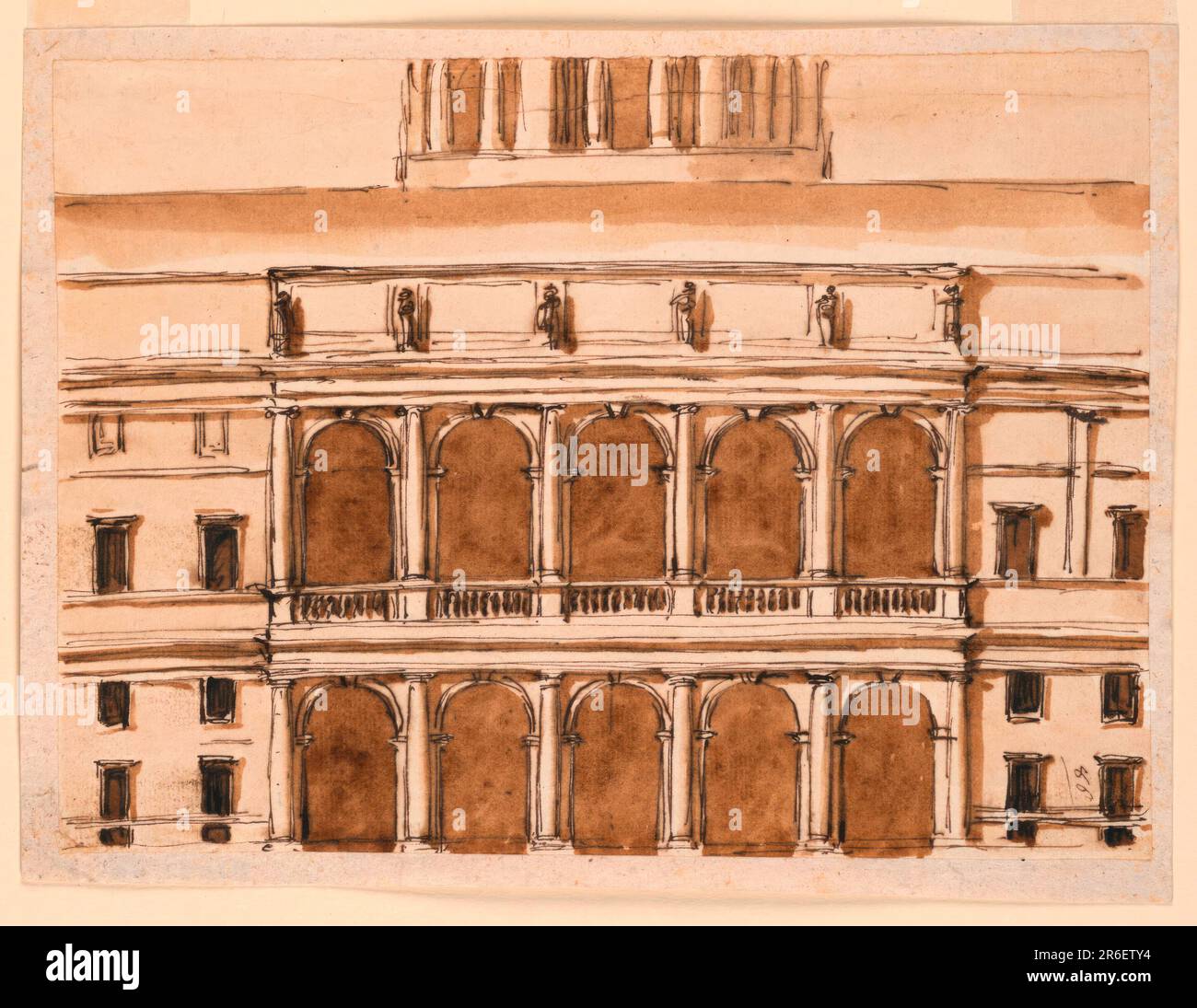 Two colonnades of five arches each are topped by a parapet, before ...