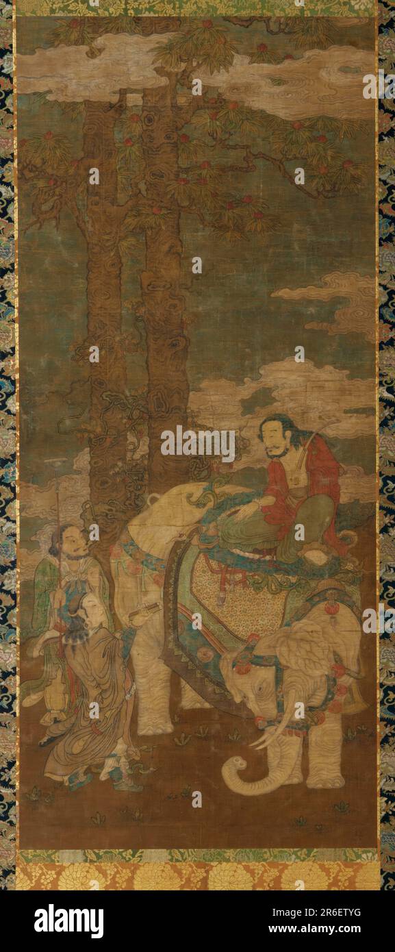 Sakyamuni is seated on a white elephant with elaborate trappings. He is ...
