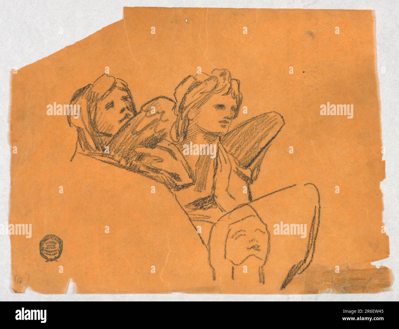 Two heads and bust of an angel, shown with hands clasped. Black crayon ...