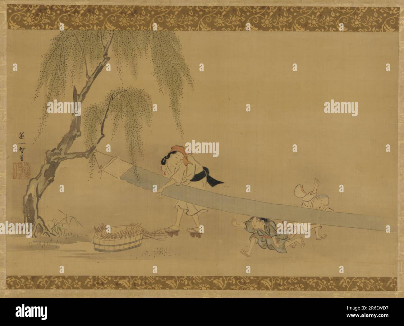 Woman stretching cloth to dry; two children at play. Date: late 17th ...