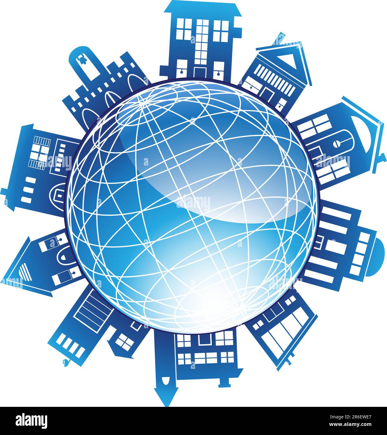 3D globe icon with multiple buildings surrounding globe Stock Vector ...