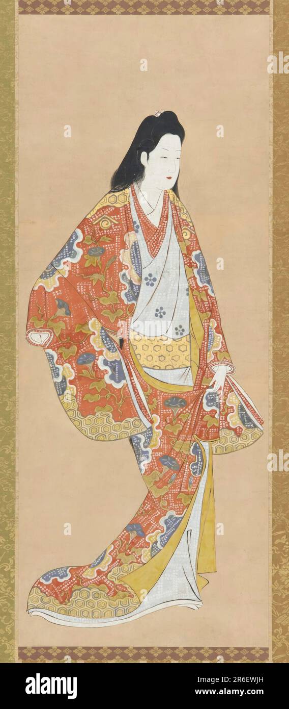 Girl in an orange vermillion dress. Origin: Japan. Color and gold on ...