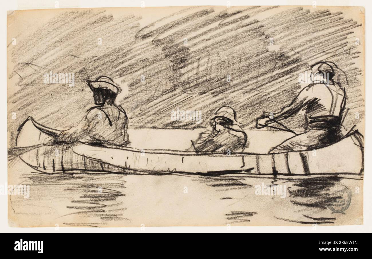 Sketch of three male figures in a canoe. Date: 1897. crayon on paper ...