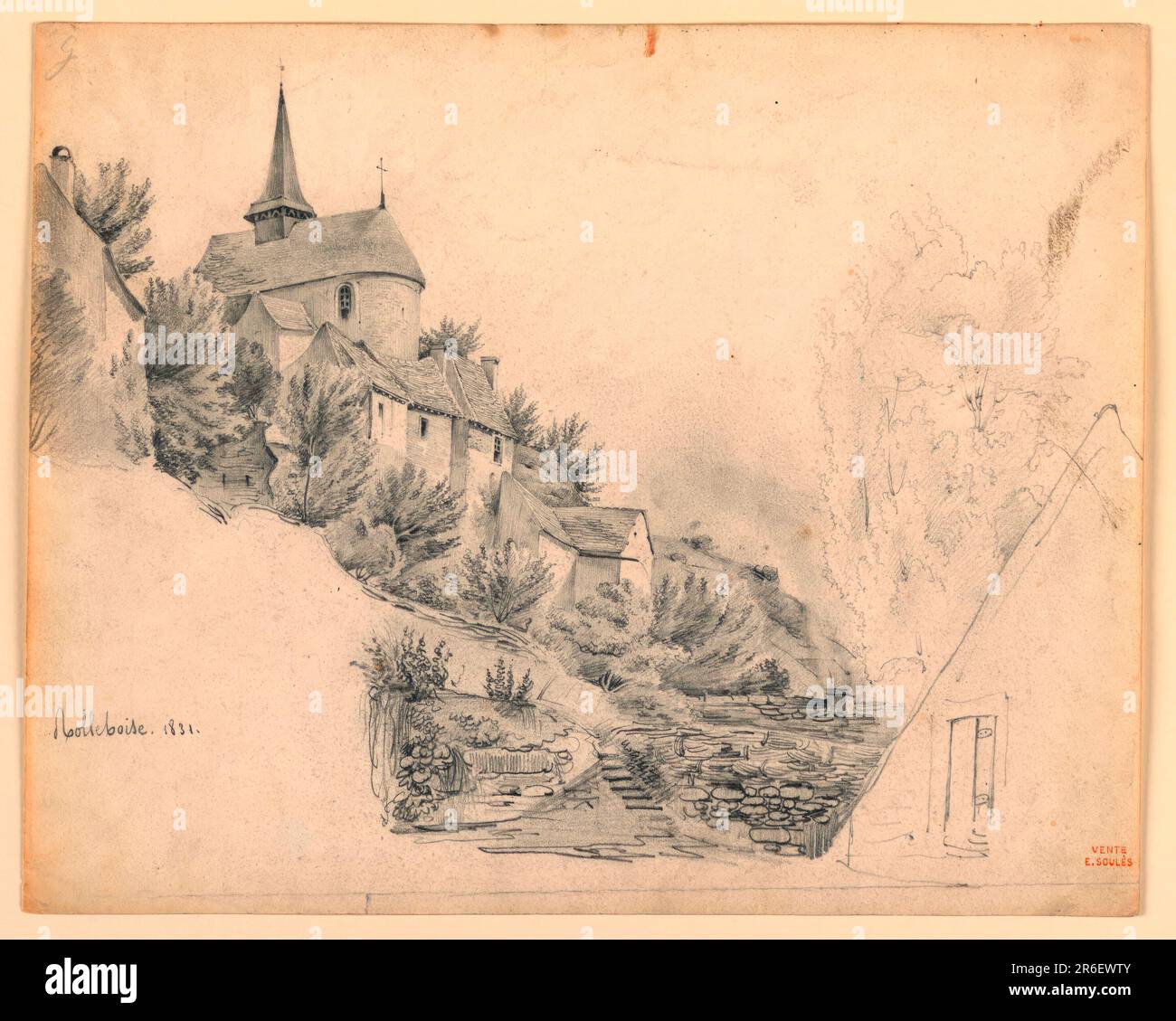 View of the steeple of the church, rising above the houses. A bridge ...