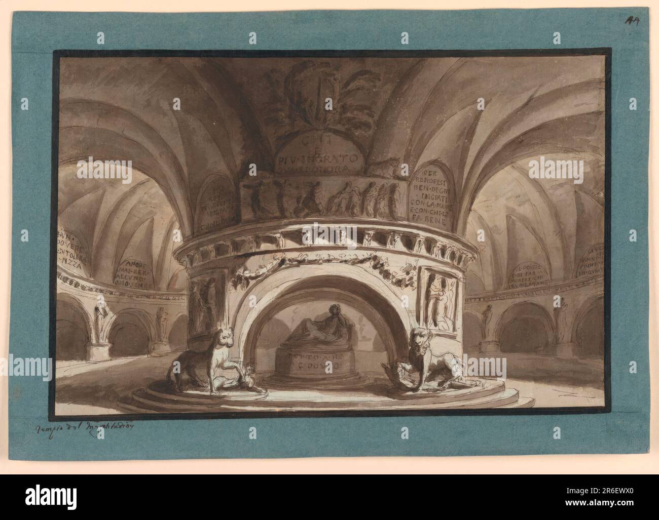 Circular subterranean vaulted hall, huge supporting column in the ...