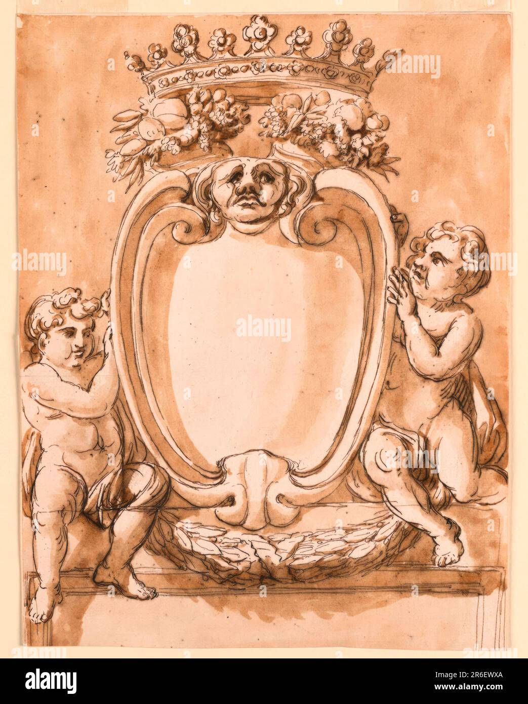 An escutcheon in 17th century style, with a head above in the interval ...