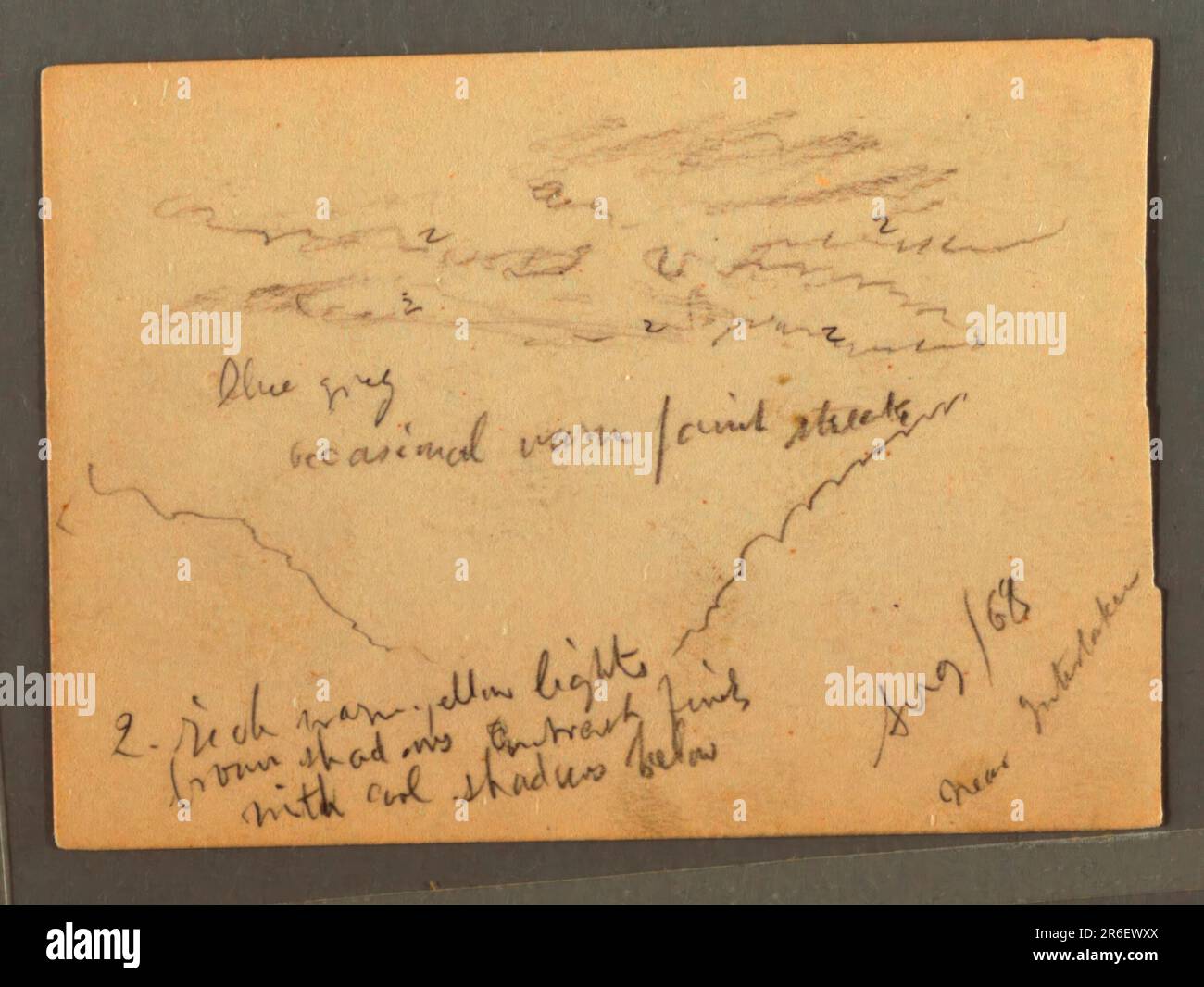 Verso: Horizontal view of sky with clouds over mountain sides. Graphite ...