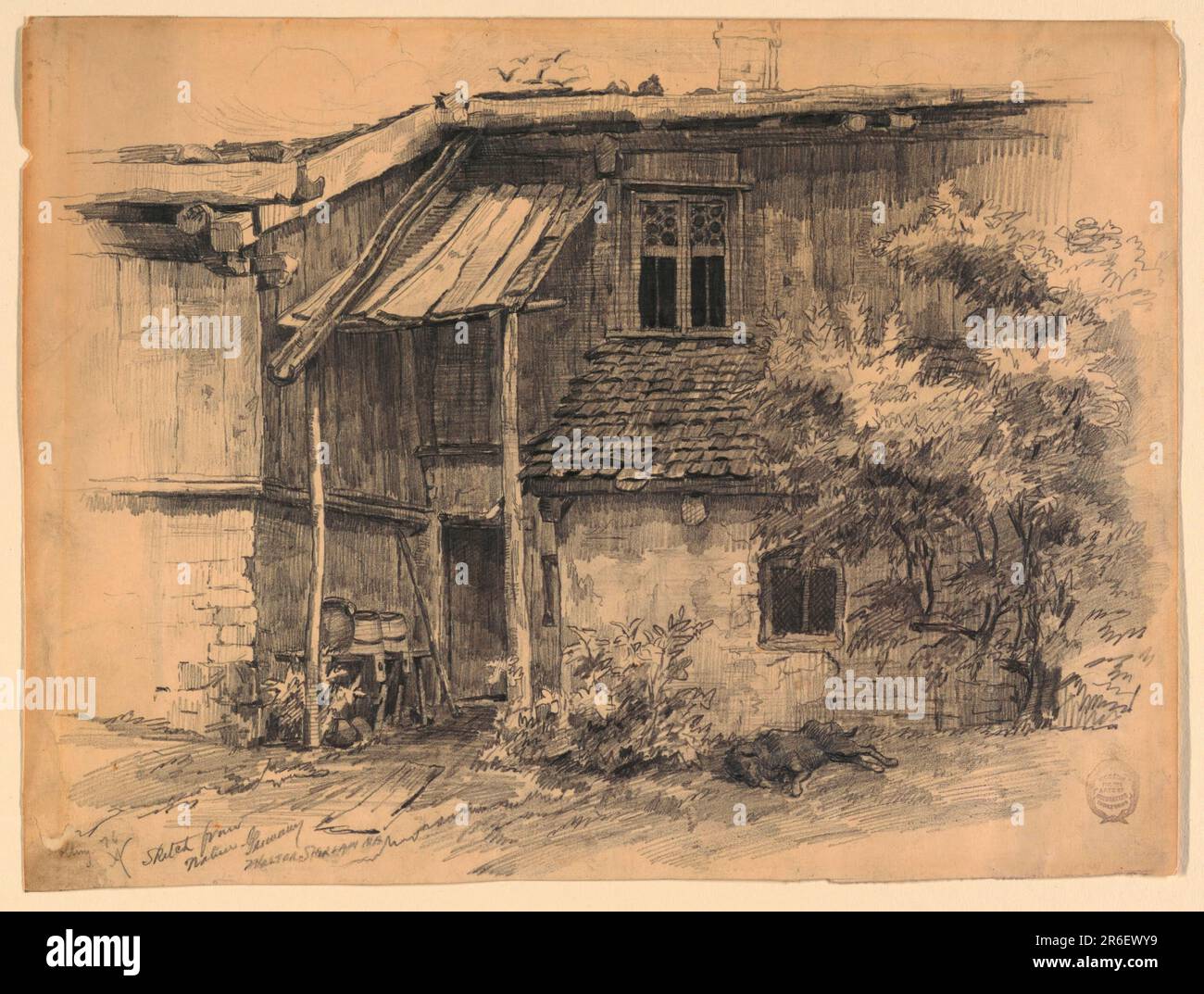Tonal drawing of a two storied rustic building with two windows, wooden ...