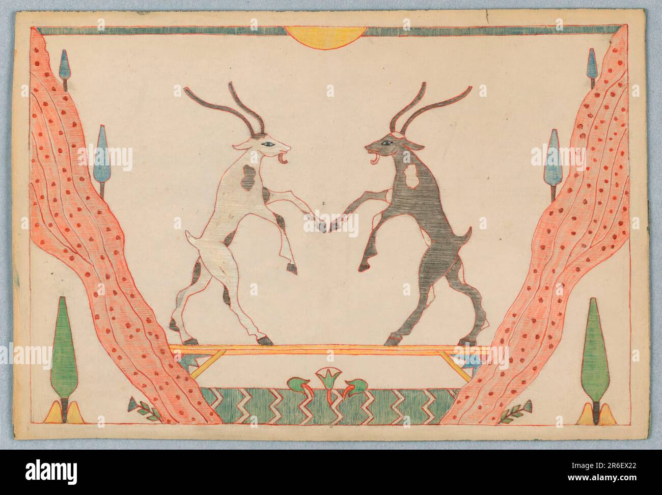 Two goats in profile facing each other, center. They each stand on two ...