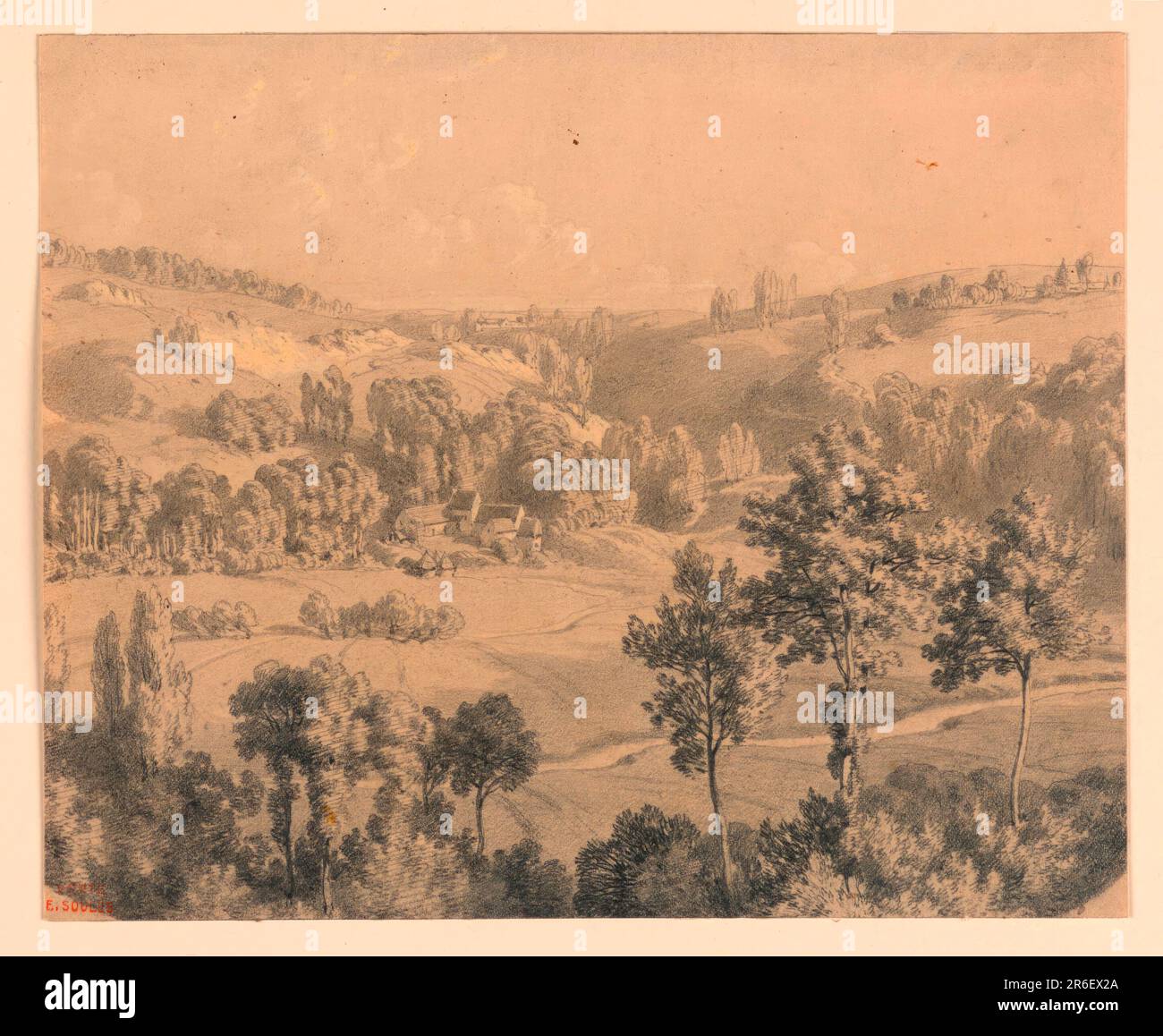View into a valley with a farm. Date: 1840-1860. Graphite, brush and ...