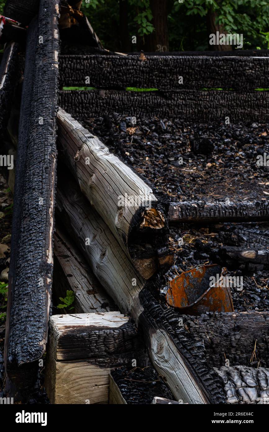 Destroyed by fire wooden house completely burned to the ground .ruins ...