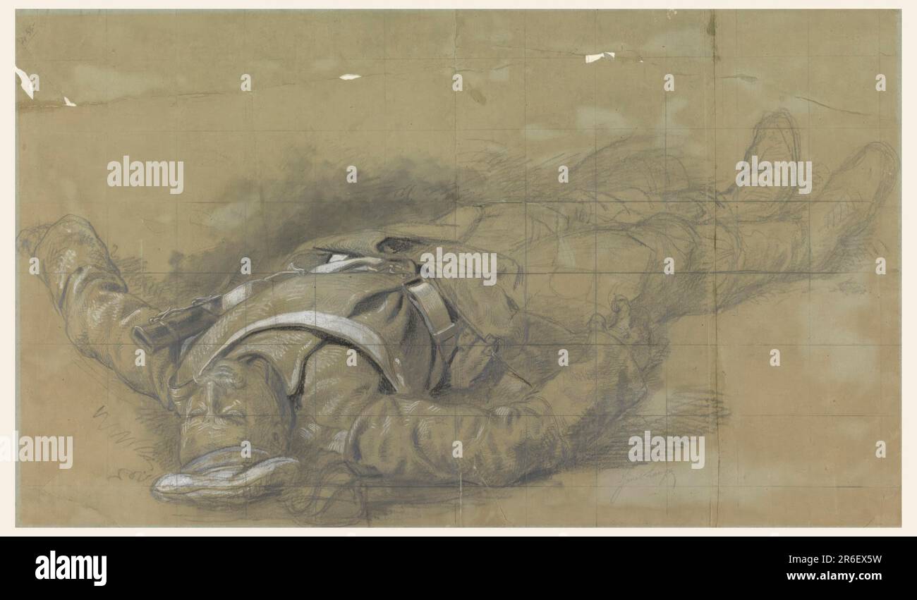 A soldier laying on the ground in foreshortened view, with head towards ...