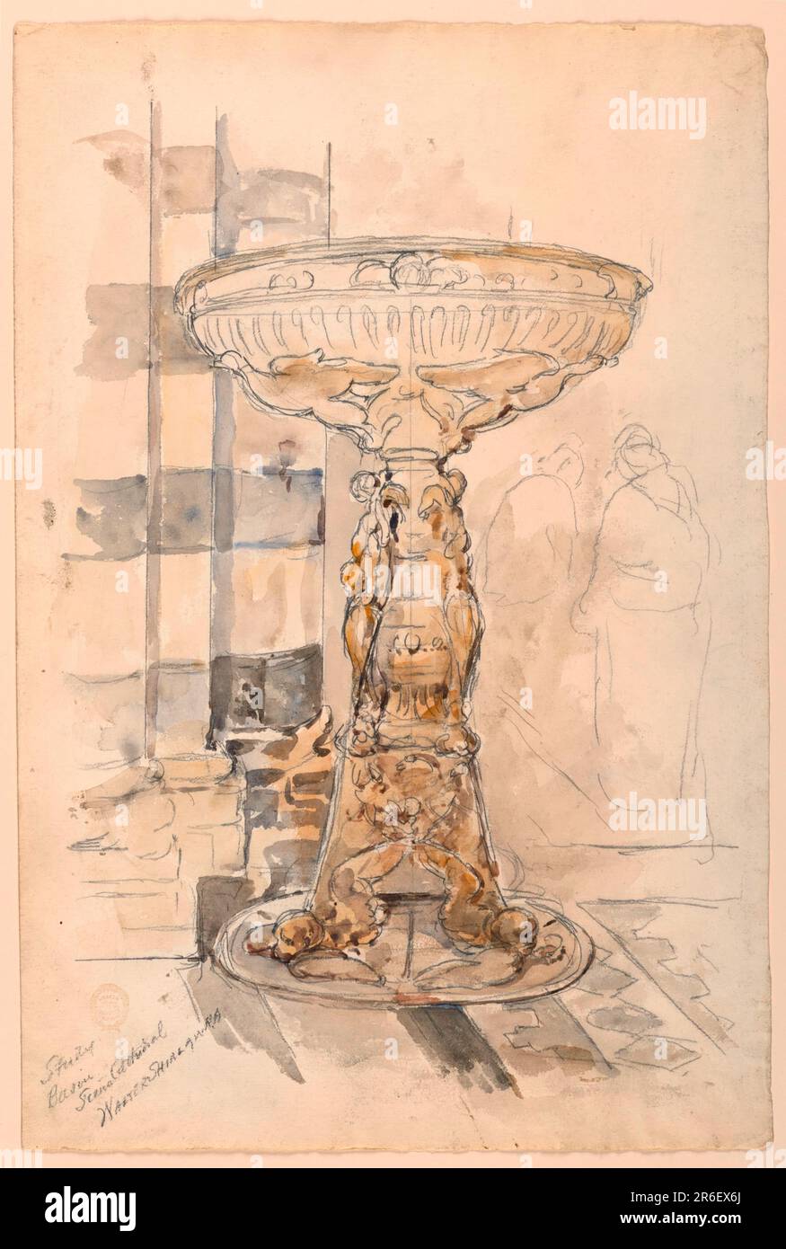 Holy water basin in Siena Cathedral. A pillar on the left, two figures ...