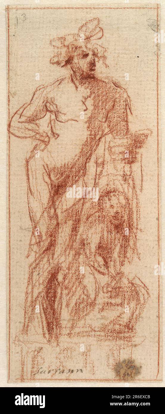 A figure, presumably Bacchus, is shown leaning with his left hand on a ...