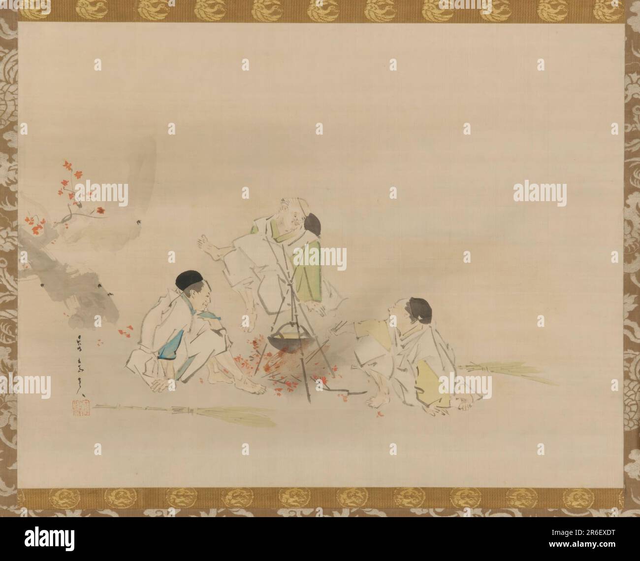 Three gardeners of the Emperor Takakura heating sake over a fire of ...