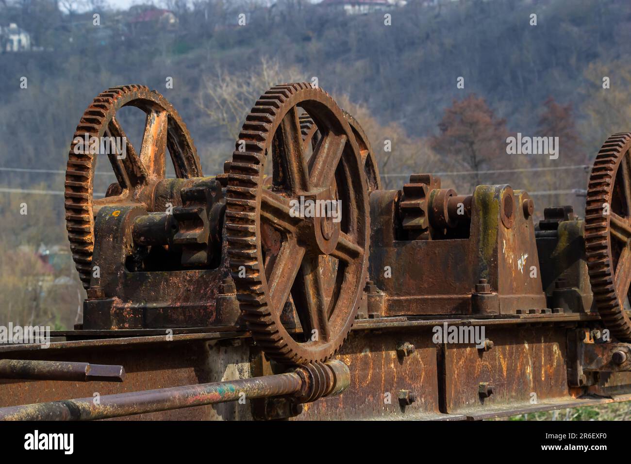 Separate metal elements of the gateways of the ancient dam of the mill ...