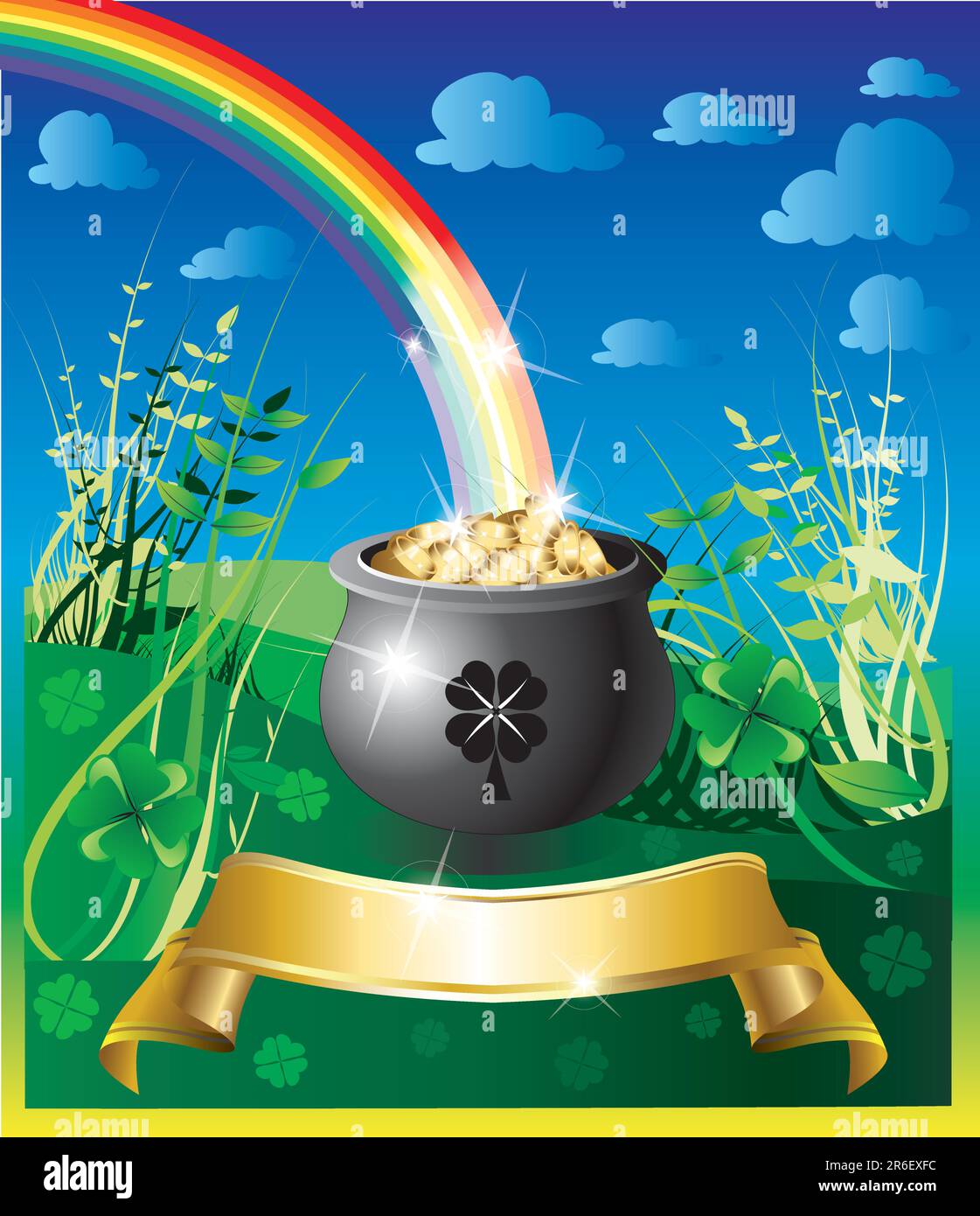 Vector Illustration of pot of gold rainbow with a colorful backgound ...