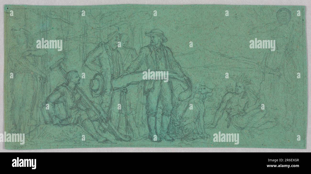 Meeting of frontiersmen and Native Americans at edge of woods ...