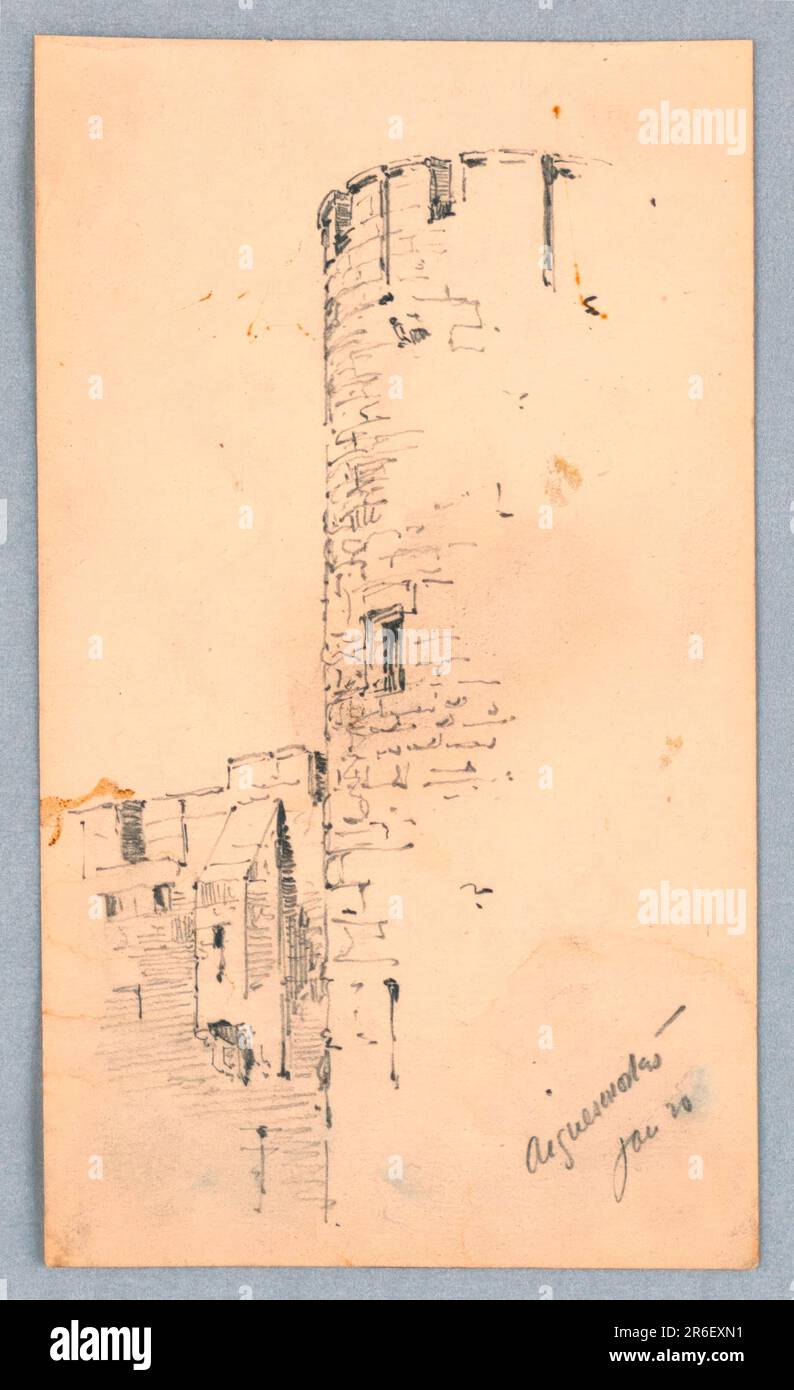 Walled tower, at right; lower wall with windows, extending at left ...