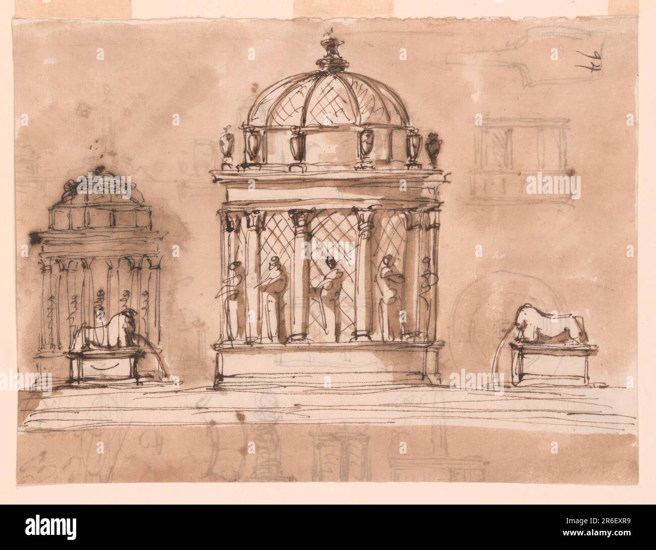 A circular pavilion stands in the center of the basin into which water ...