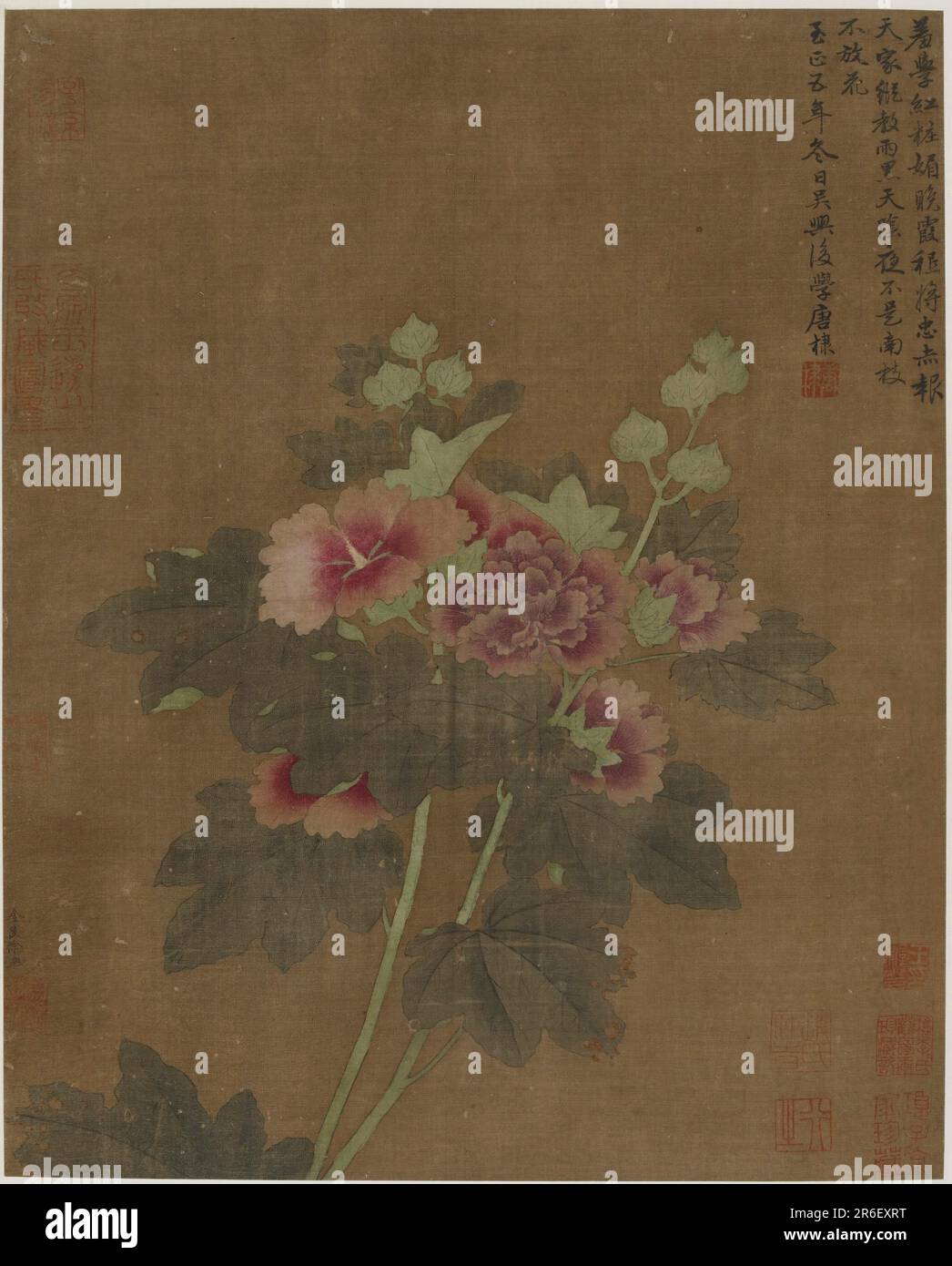 Hollyhocks. Origin: China. Period: Qing dynasty. Ink and color on silk ...