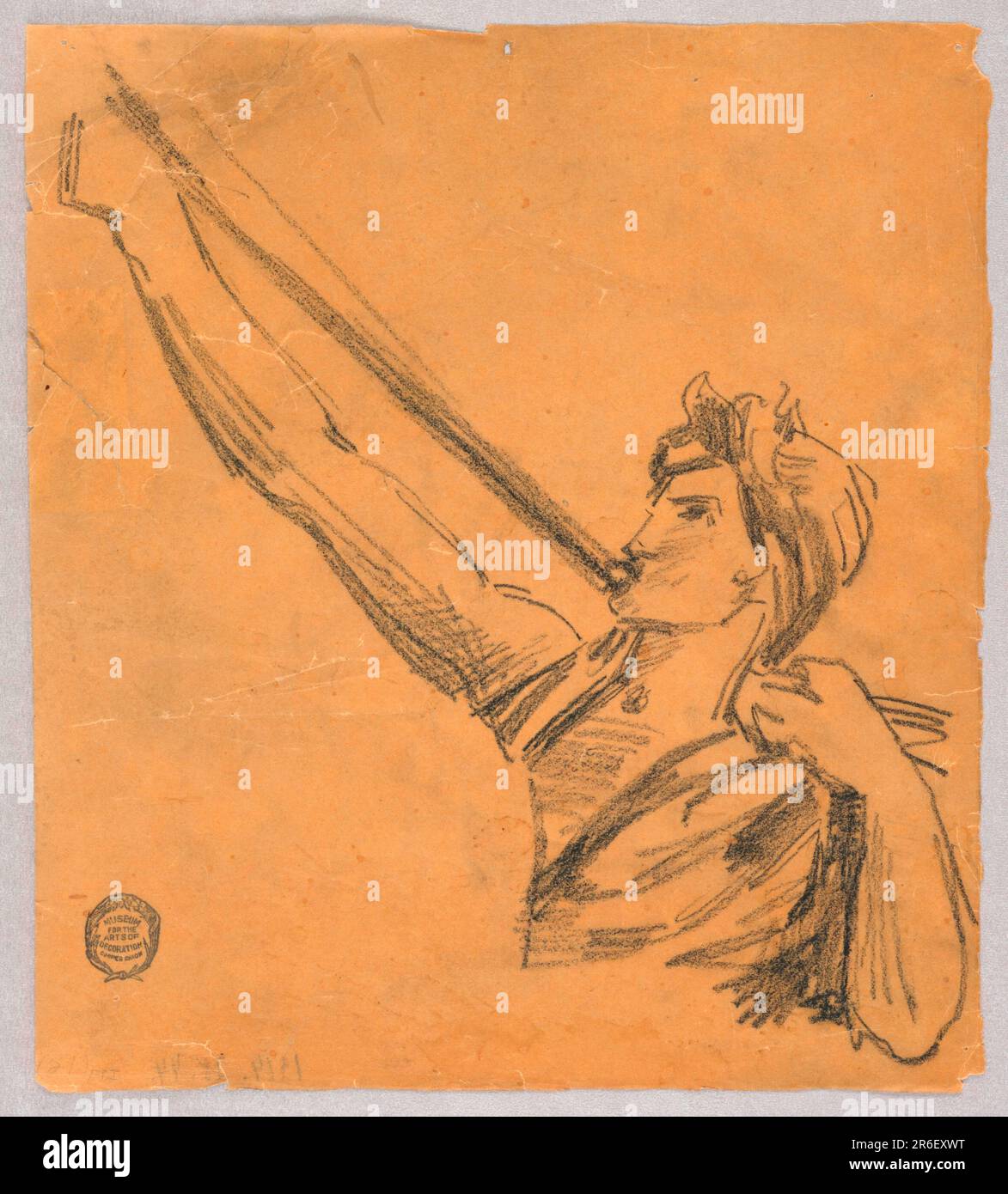 The upper part of an angel is shown, turned toward left. He blows a ...