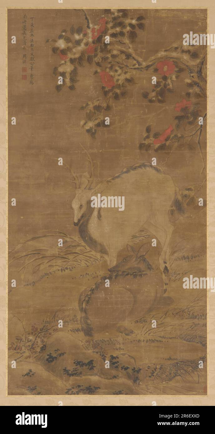 A stag, a doe, and red camellias in snow. Origin: China. Ink and color ...