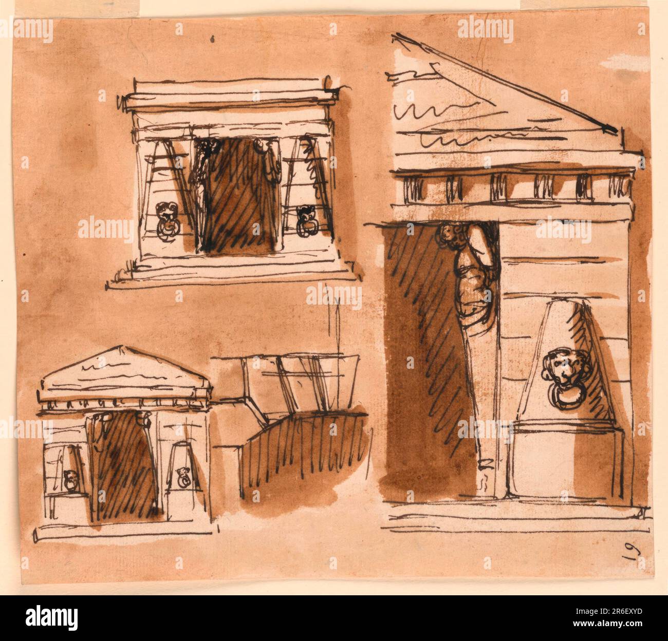 Top left: gaines of captives, shown in profile, support the entablature ...