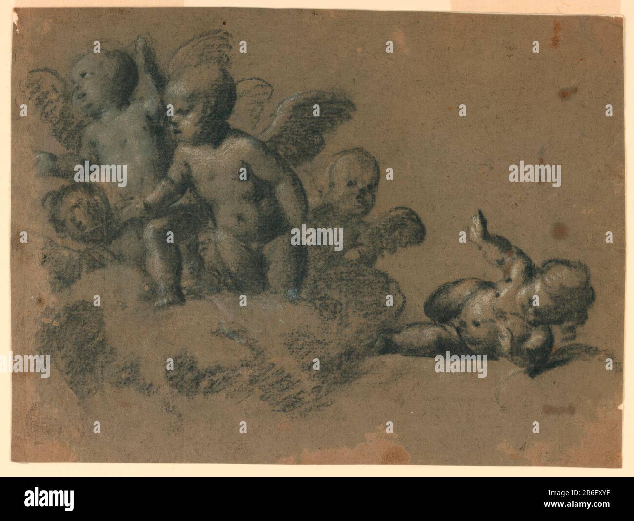 Two putti kneel at left and turned toward left, upon an elevation of ...