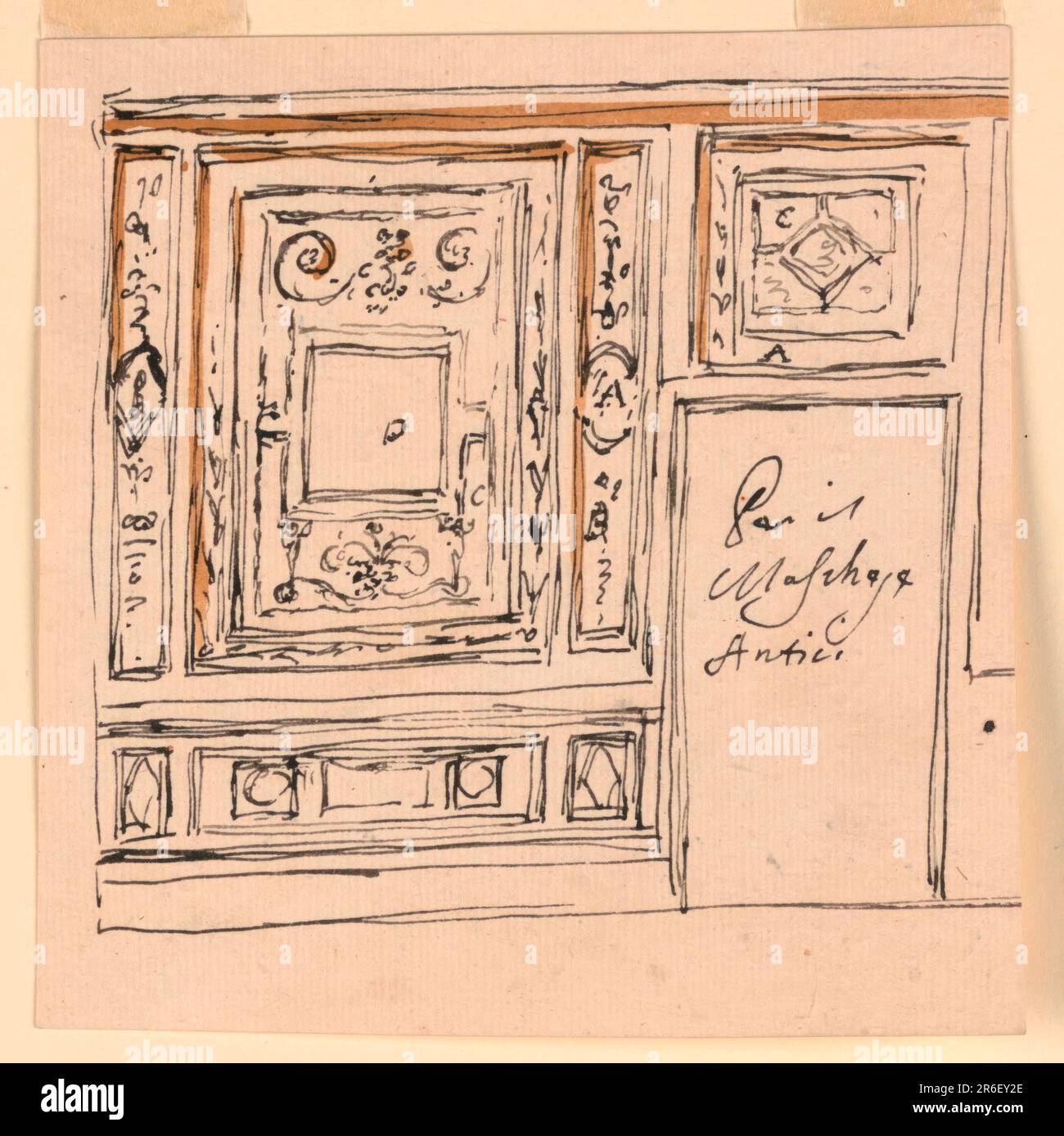 At right is a door with: "per il / Marchese (?) / Antici", written in ...