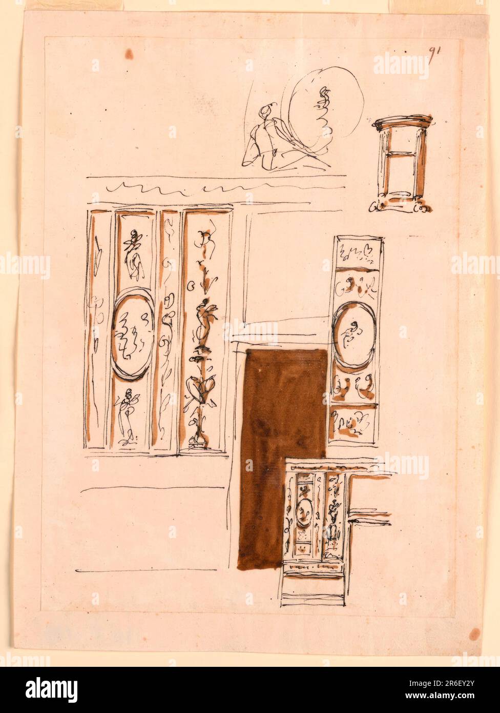 Wall decoration; console table. Pen and brown ink, brush and brown wash ...