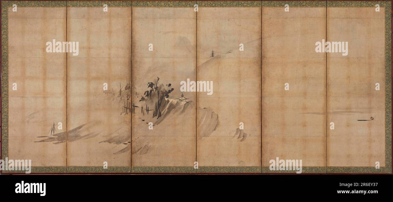 Landscape: hills and buildings. ink on paper. Origin: Japan. Period ...