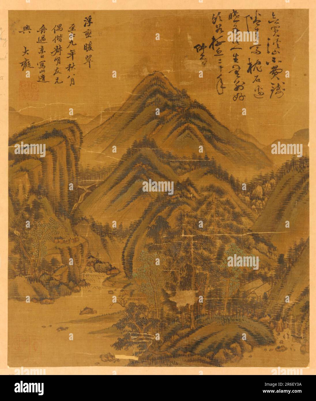 Landscape: trees, houses and a stream among hills. Origin: China. Date ...