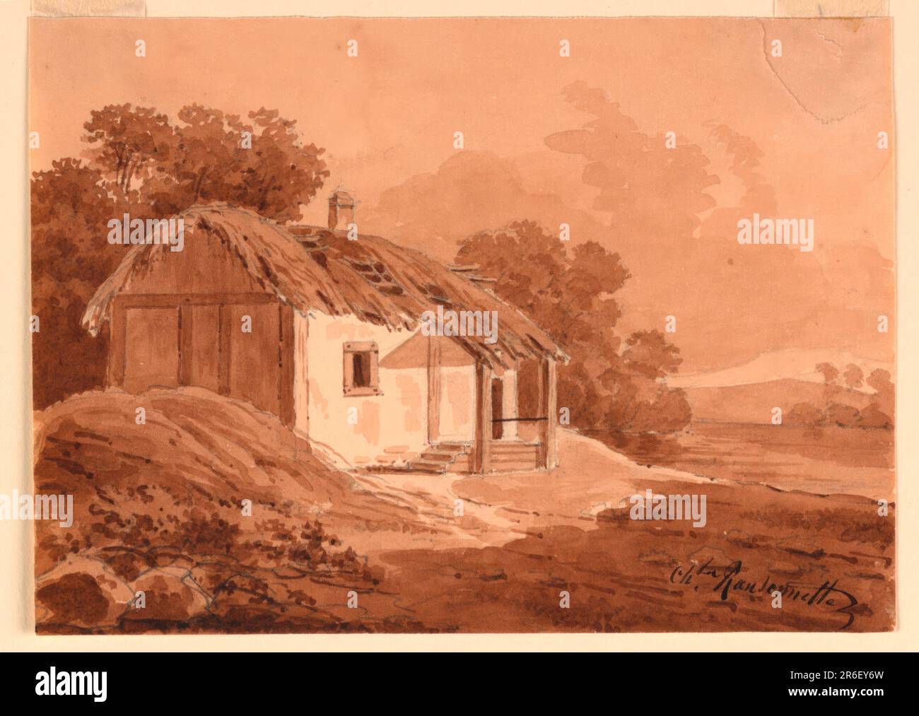 A poor frame house with rotten straw roof is shown near a lake. Three ...