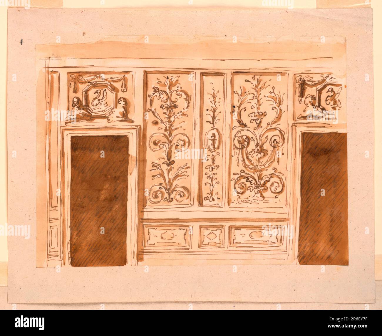 Entrance wall of a salon. Pen and brown ink, brush and brown wash on ...