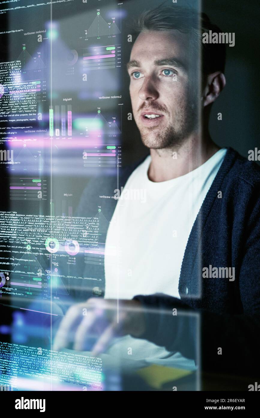 Focus, man and programmer with hologram, cyber security and futuristic with digital software ...