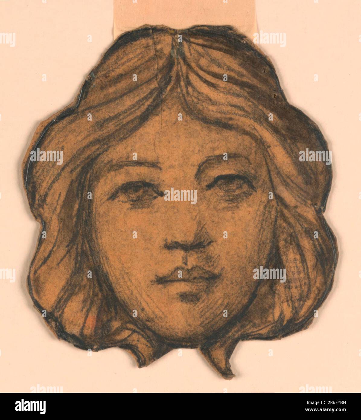 Face framed by hair, shown frontally. Black crayon on paper. Date: ca ...